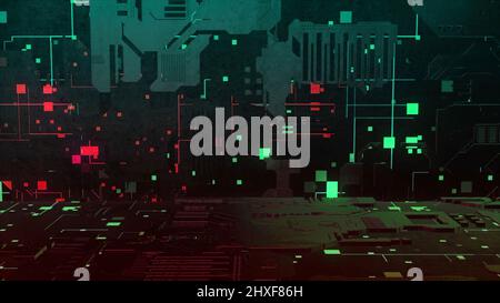 Flying inside cyberspace with beautiful abstract digital particles. Motion. Fast electrons ...