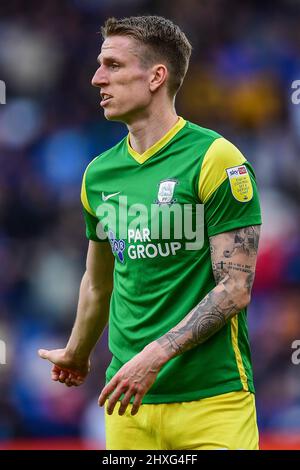 Emil Riis Jakobsen #19 of Preston North End during the pre-game warmup ...