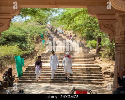 India, Gujarat, Palitana. Path to the Jain temples on the mountain ...
