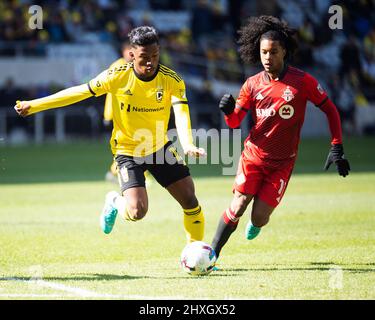 Toronto FC midfielder Jayden Nelson looks at a display honouring his ...