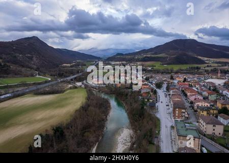 Aerial view of town Acqualagna in Marche region in Italy Stock Photo ...