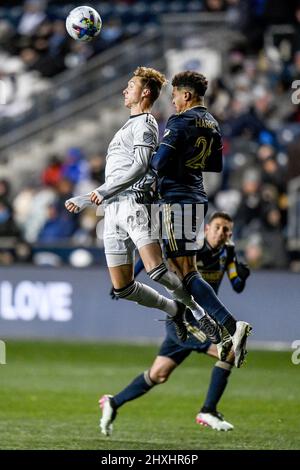 Defender Nathaniel Harriel contests a header as the Philadelphia Union ...