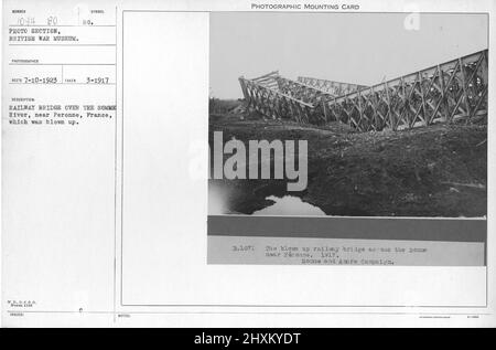 Railway bridge over the Somme River, near Peronne, France, which was ...