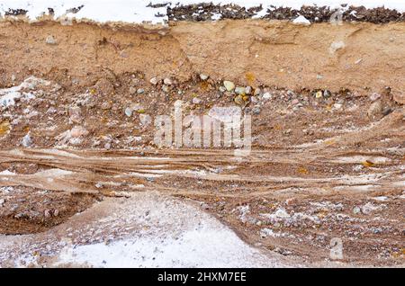 Soil cut-sandstone, stones, clay, sand structure and layers. slice of ...
