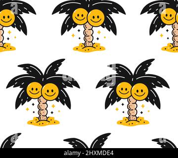 Vintage art illustration design of the coconut tree, surfing board and ...