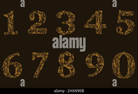 Flower ornate numbers. Decorative floral alphabet elements botanical ...