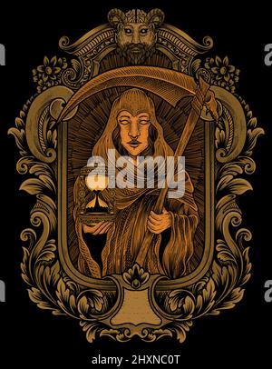 illustration death angel woman with engraving ornament style Stock ...