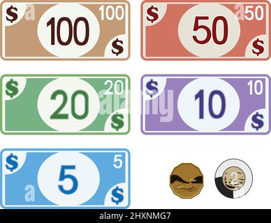 American oney, bills 5, 10, 20, 50 & 100, coins 1 & 2 dollars. Full ...