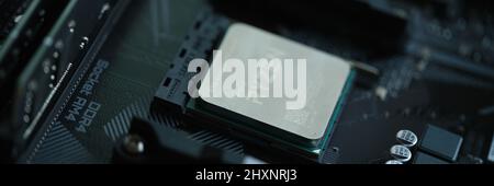 AMD Ryzen processor installed in motherboard slot AM4 closeup Stock ...