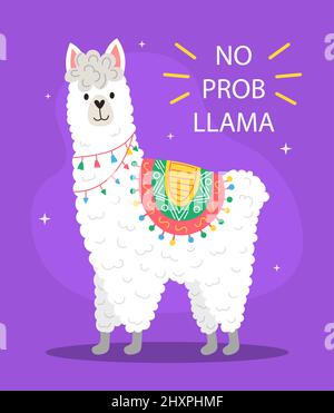 Cute llama card with No PROB LLAMA motivational quote. Cartoon alpaca ...