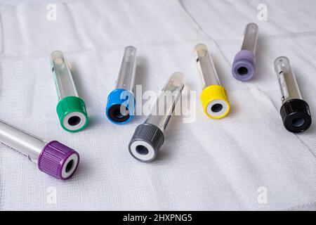 Plastic test tubes with caps for the collection of samples. Blood ...