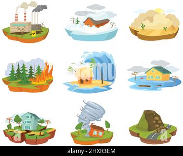 Cartoon natural disasters and catastrophes, extreme weather. Earthquake ...