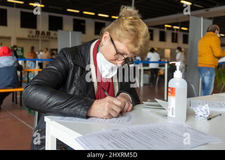 Ferrara, March 5, 2022. Ukraine refugees escaping from Russia Ukraine ...