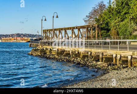 A wooden pier at Jack Block Park in West Seattle, Washington Stock ...