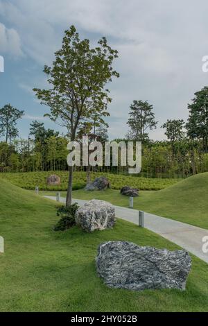 Landscape, public park with mowed lawn, walking path Stock Photo - Alamy