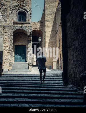 Vertical shot of a yard surrounded by stone walls with trees in the ...