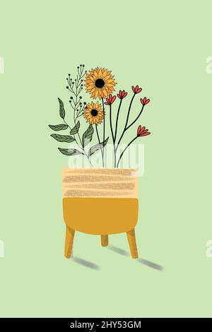 Illustration of tulips, sunflowers and leaves in a yellow pot on a blue ...