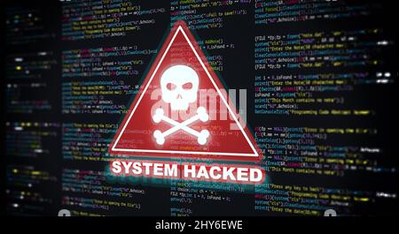computer virus malware attack. computer code on a screen with a skull symbol Stock Photo - Alamy
