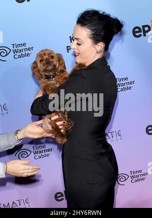 Katy Perry, her dog Butters attending the Prismatic World Tour Premiere ...