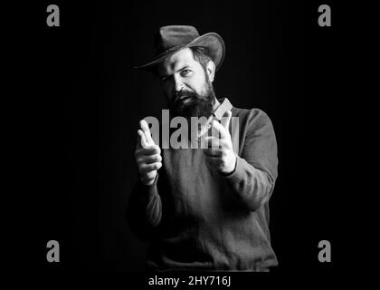 Cowboy man point fingers gun. Sheriff or marshal. American western ...
