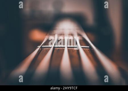 A closeup shot of strings of a guitar against a blurred background ...