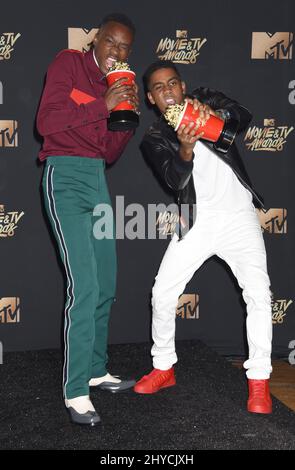 Ashton Sanders and Jharrel Jerome in the press room at the 2017 MTV Movie and TV Awards held at ...