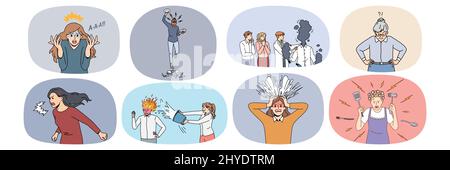 Collection of furious people yell feel distressed in life situations ...