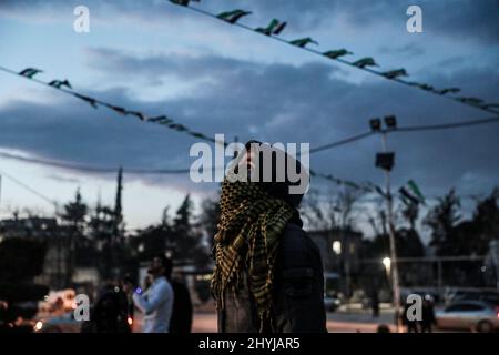 Idlib, Syria. 14th Mar, 2022. A large flag pole with the Syrian ...
