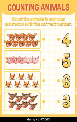 Match by count with different types of animals illustration Stock ...