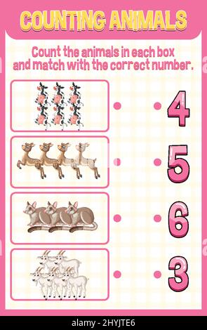 Match by count with different types of animals illustration Stock ...