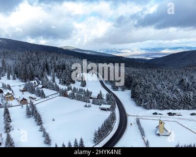Aerial view of the Bucin pass in Romania in winter Stock Photo - Alamy