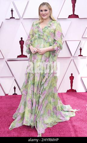Emerald Fennell arrives at the Oscars on Sunday, April 25, 2021, at ...
