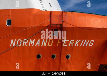 Detail from the hull of offshore AHTS anchor handling tug supply vessel ...