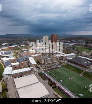 An aerial shot of the University of Massachusetts Amherst campus on a ...