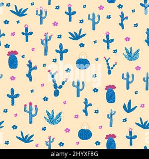 Seamless patterns with different cacti. Bright repeating texture with pink cacti. Background ...
