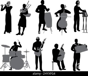 Silhouettes of the musicians playing musical instruments Stock Vector ...