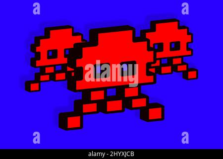 Pixel art Space Alien invaders on a blue background Stock Photo - Alamy