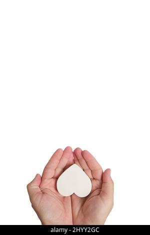 White heart in a mans hand on a white background Stock Photo - Alamy