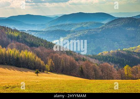 Landscape with hills covered with forests. The Strazov mountains in ...