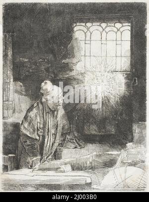 Etching 'Faust' by Rembrandt van Rijn, circa 1652. The print depicts ...