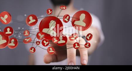Person touching red person icons - Network and internet communication ...