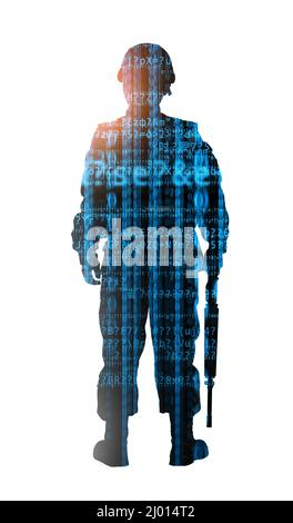 Double exposure of saluting soldier and computer code on white ...