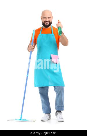 Bald man with cleaning supplies isolated on white Stock Photo - Alamy