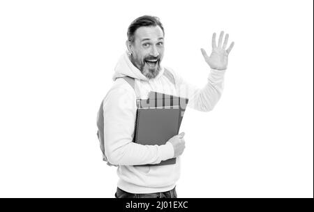 surprised man carry backpack hold notepad workbook for education ...