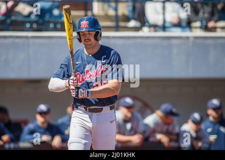 March 13, 2022: Ole Miss catcher Hayden Dunhurst (13) takes a swing ...