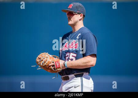 March 13, 2022: Ole Miss catcher Hayden Dunhurst (13) takes a swing ...