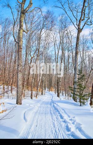 A vertical shot of a road through the snowy valley Stock Photo - Alamy