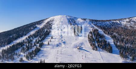 Aerial top view Panorama Sheregesh ski lift resort winter, mountain and ...