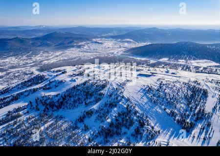 Aerial top view Sheregesh ski lift resort winter, landscape mountain ...