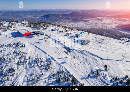 Sheregesh ski lift resort winter, landscape mountain and hotels, aerial ...